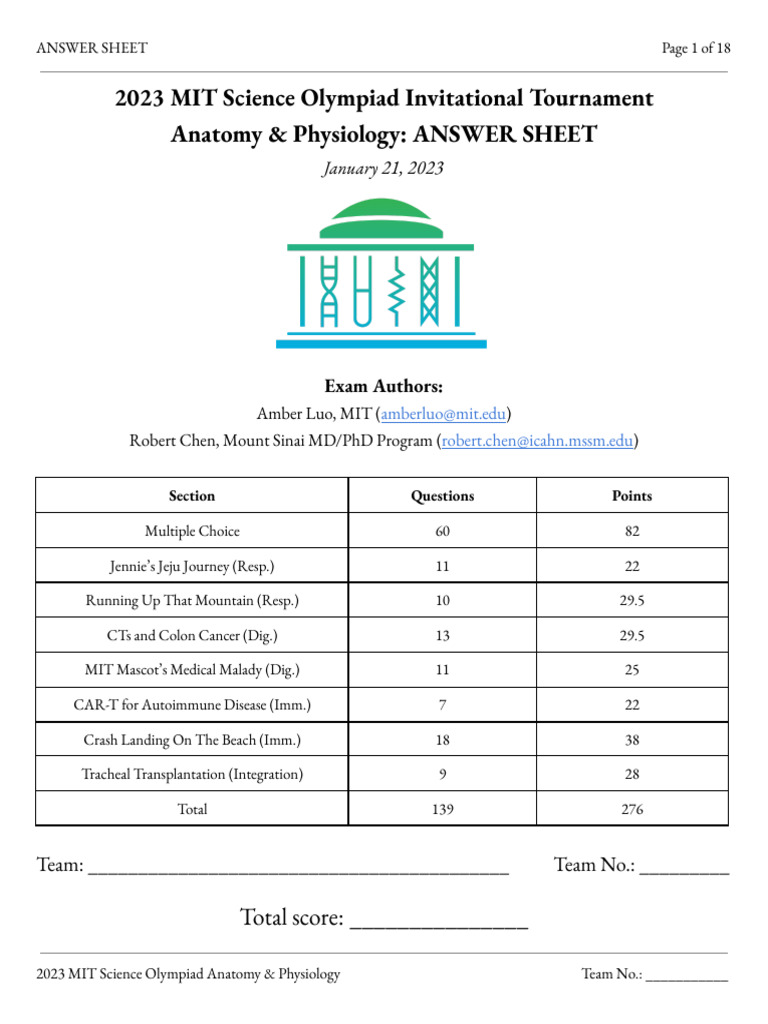 2023 MIT Science Olympiad Anatomy - Physiology ANSWER SHEET | PDF ...