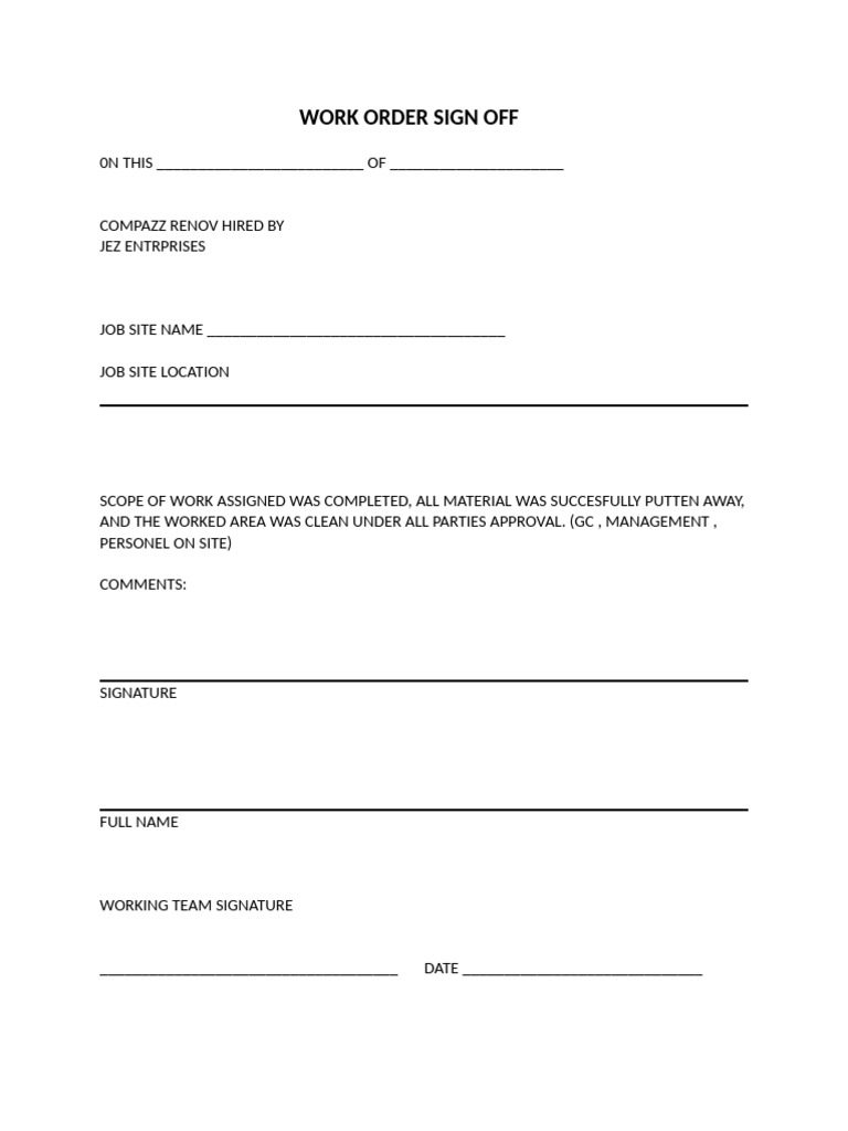 Work Order Sign Off 2 | PDF | Business