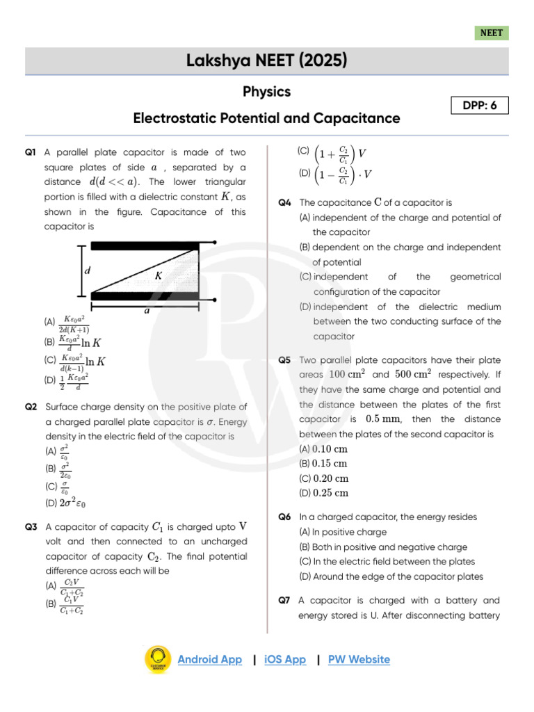 Electrostatic Potential and Capacitance - DPP 06 (Of Lecture 12) - Lakshya NEET 2025 | PDF ...