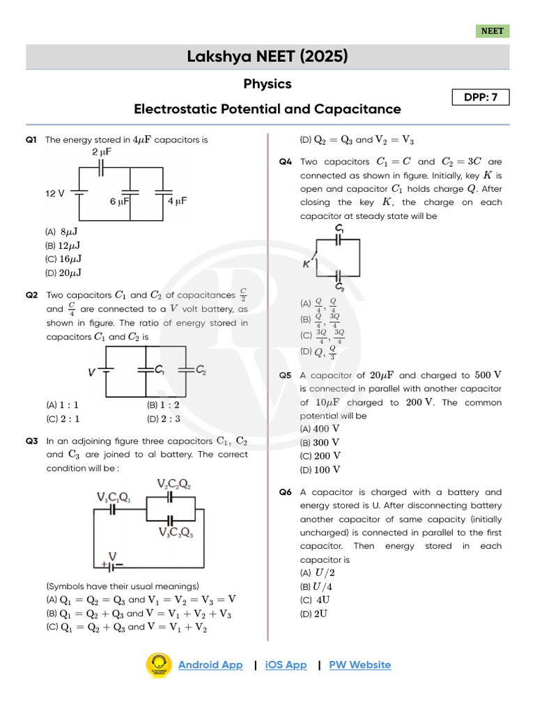 Electrostatic Potential and Capacitance - DPP 07 (Of Lecture 15) - Lakshya NEET 2025 | PDF ...