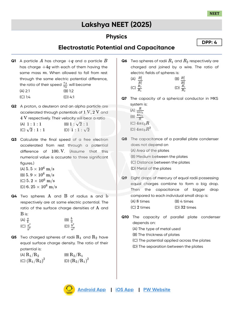 Electrostatic Potential and Capacitance - DPP 04 (Extra DPP) - Lakshya NEET 2025 | PDF ...