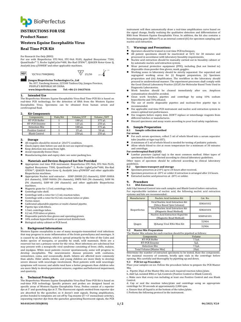 YJC70117NW (RUO) Western Equine Encephalitis Virus Real Time PCR Kit ...