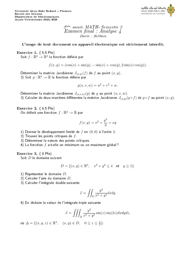Examen1 Analyse 4 2023 | PDF | Objets mathématiques | Relations mathématiques