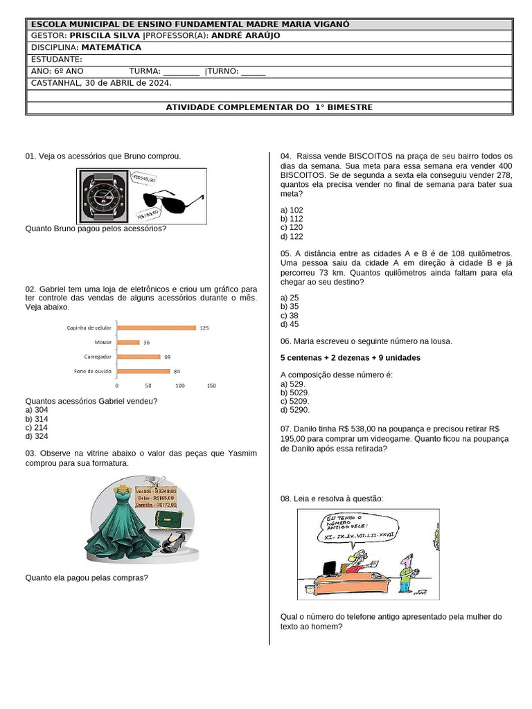 Atividade Complementar - 1° Bimestre - 6° Ano | PDF