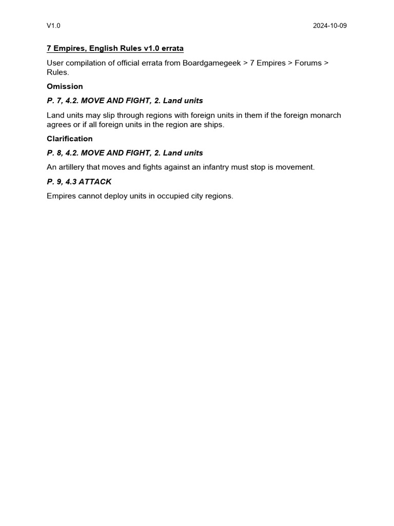 7 Empires English Rules - User Errata V1.0 | PDF | History