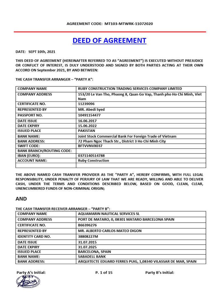 Doa Contract Vietnam - Aqua | PDF | Banks | Wire Transfer
