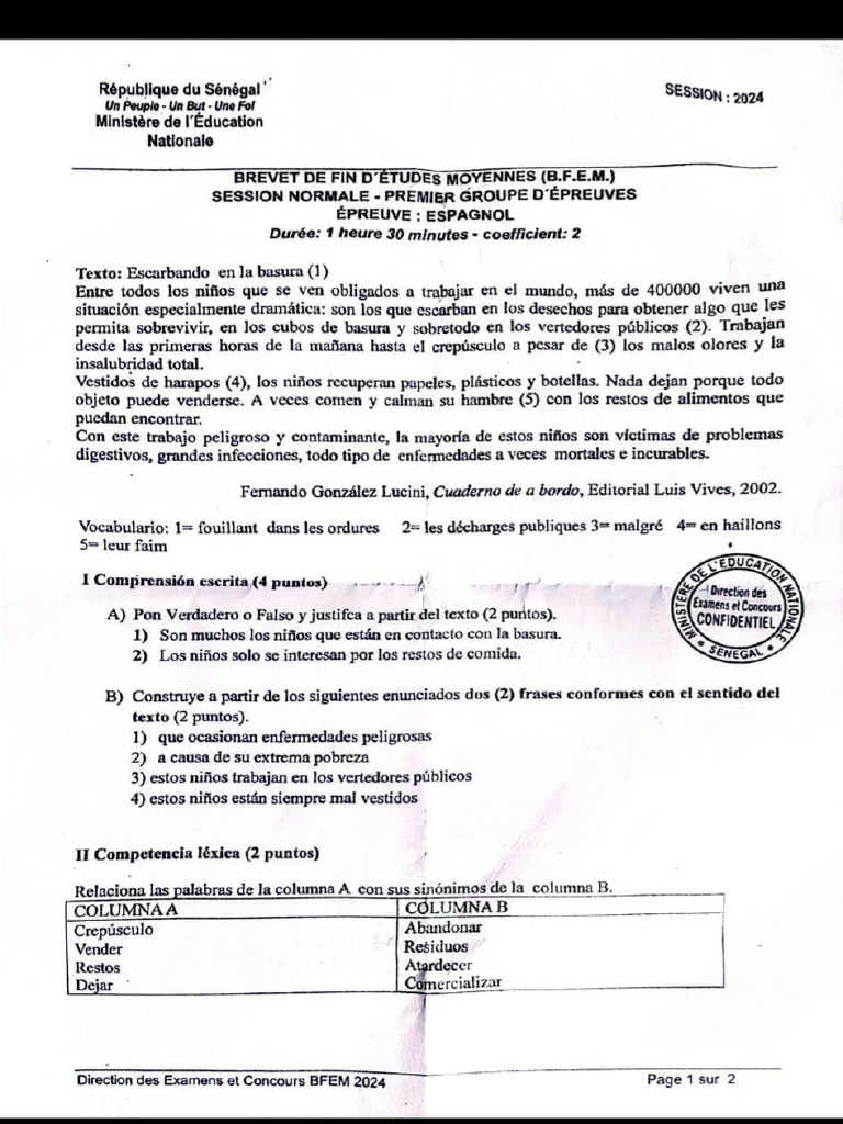 Sujet Espagnol Bfem 2024 1er Groupe | PDF