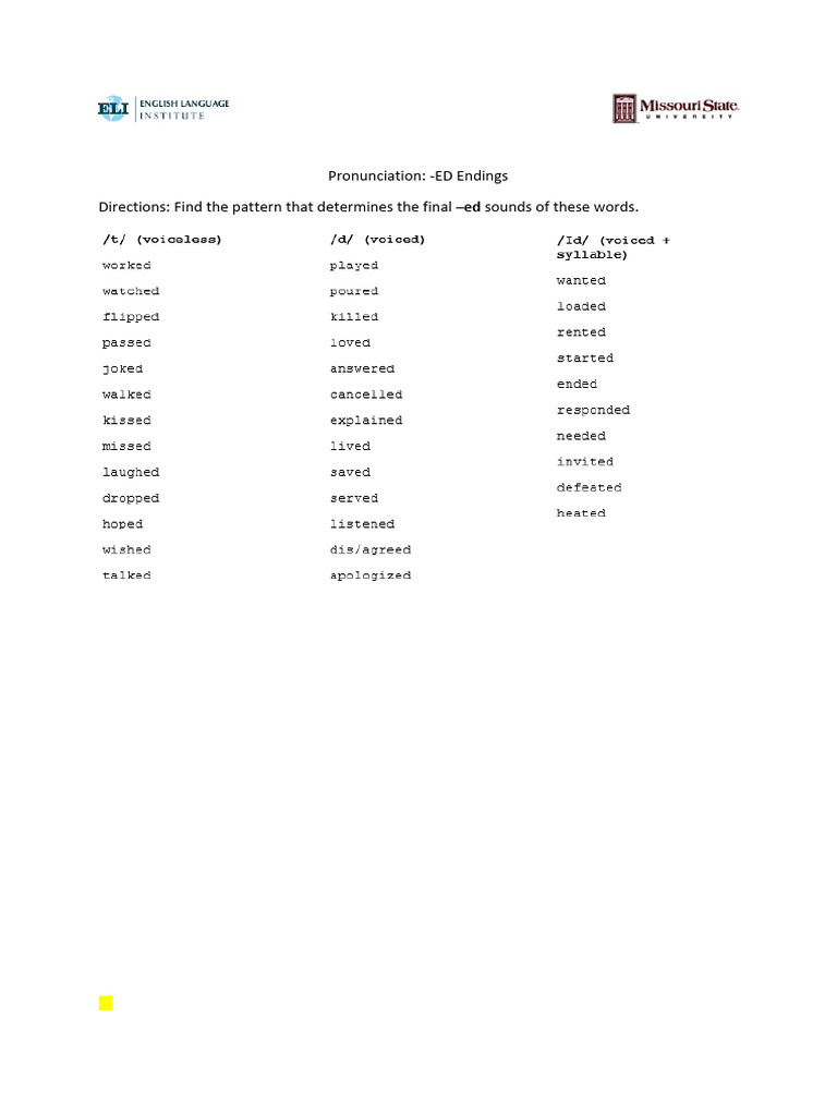 Pronunciation Practice for -ED Endings | PDF