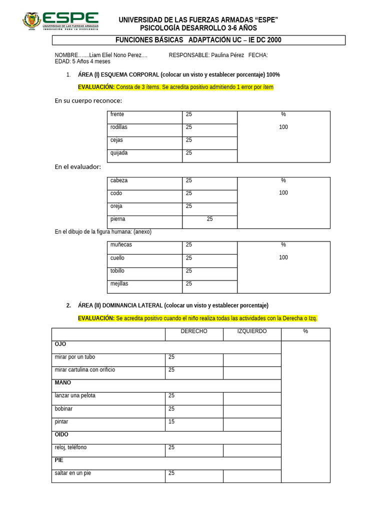 NEUROFUNCIONES INICIAL ADAPTADO Liam | PDF