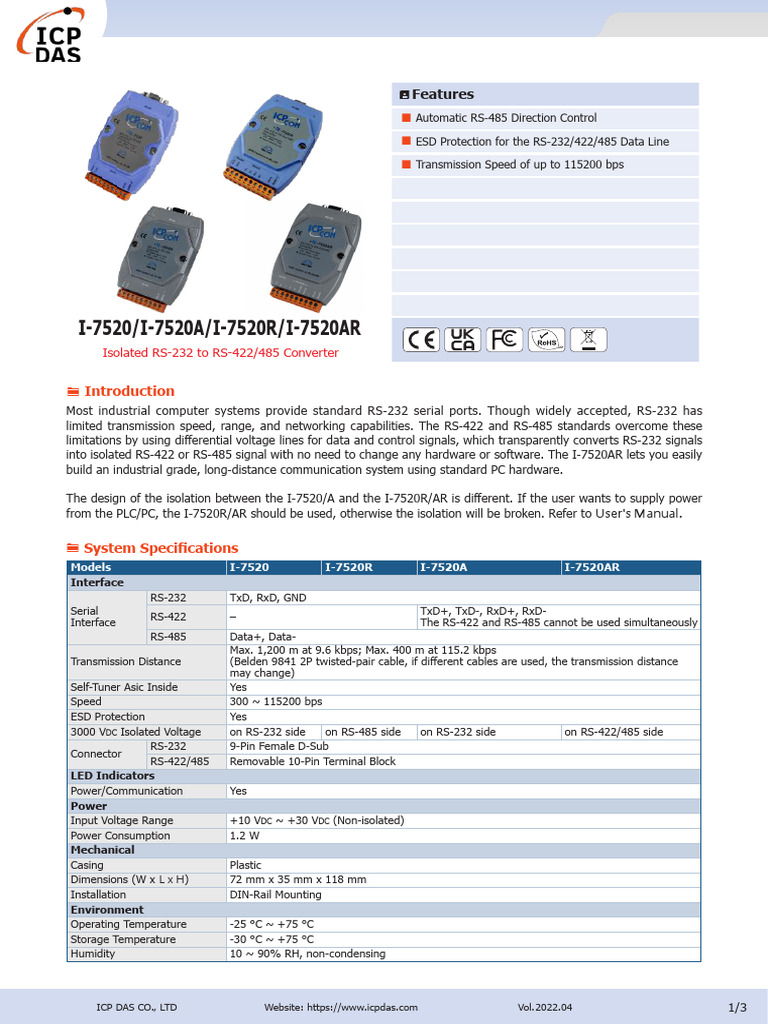 I-7520/I-7520A/I-7520R/I-7520AR: Isolated RS-232 To RS-422/485 ...