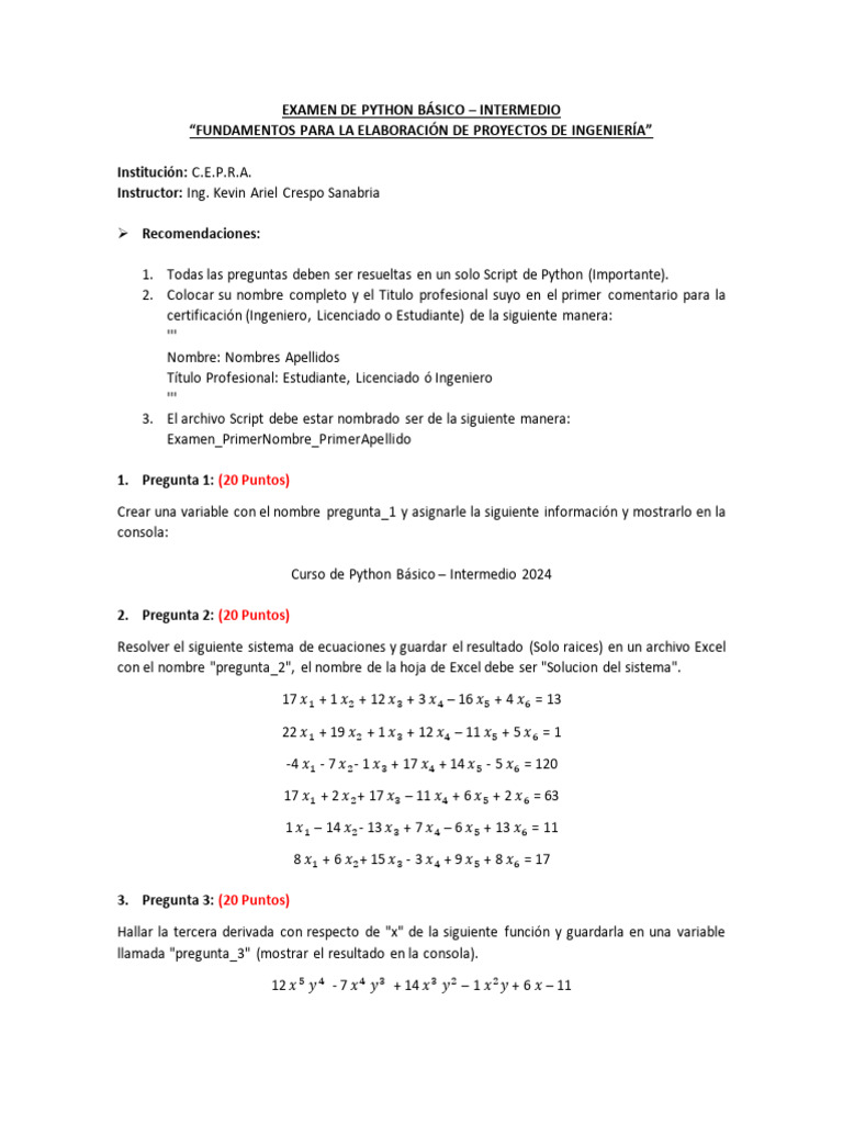 Examen de Python Básico - Intermedio-1 | PDF Examen de Python Básico - Intermedio-1 | PDF