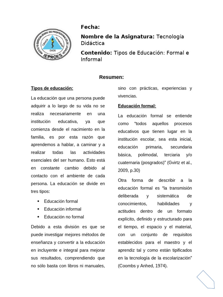 A-2. Tipos de Educación - Formal e Informal | PDF | Aprendizaje ...