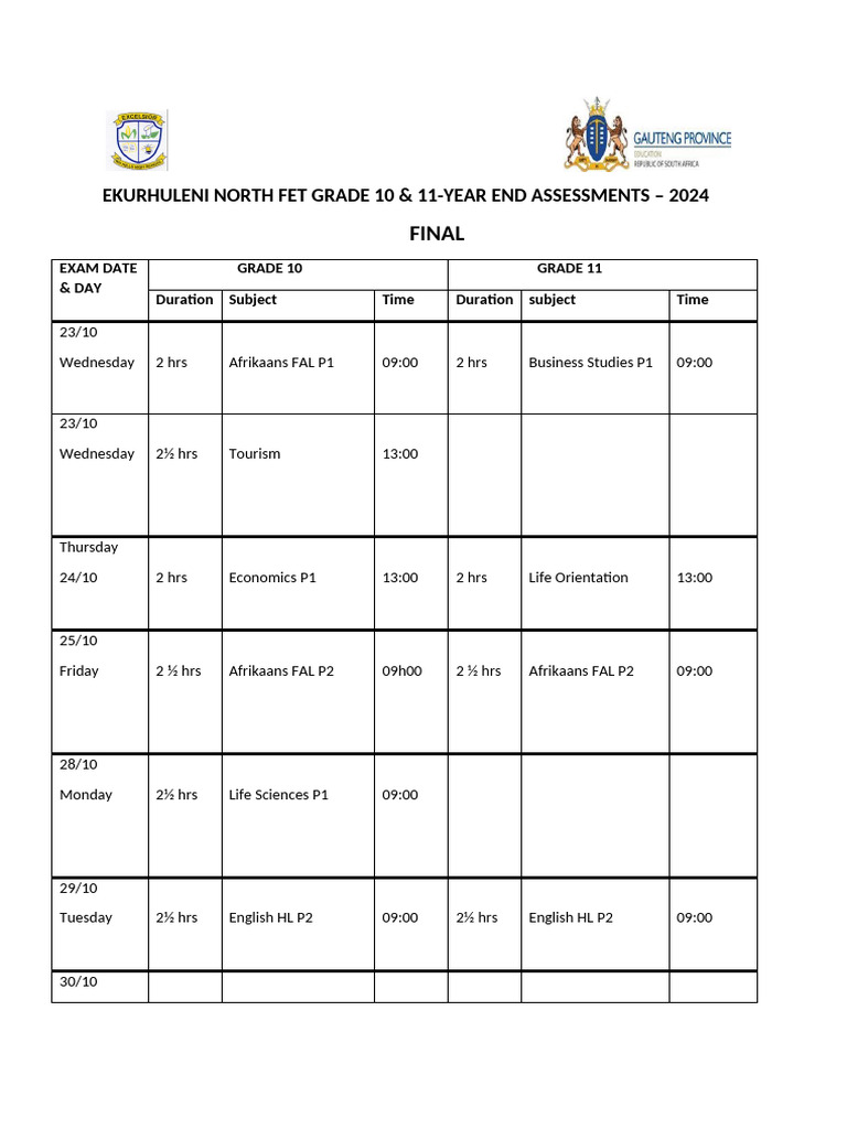 2024 Grade 10 & 11 Exam Schedule | PDF | Educational Stages | Secondary ...