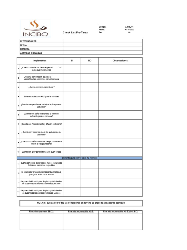 Checklist Pretrabajo y Control Covid-19 | PDF