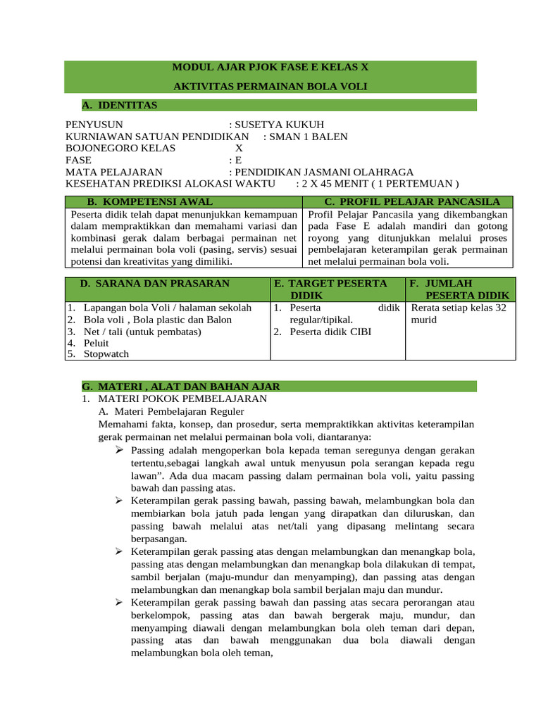 Modul Ajar Pjok Fase e Kelas X Bukti Karya 1 | PDF
