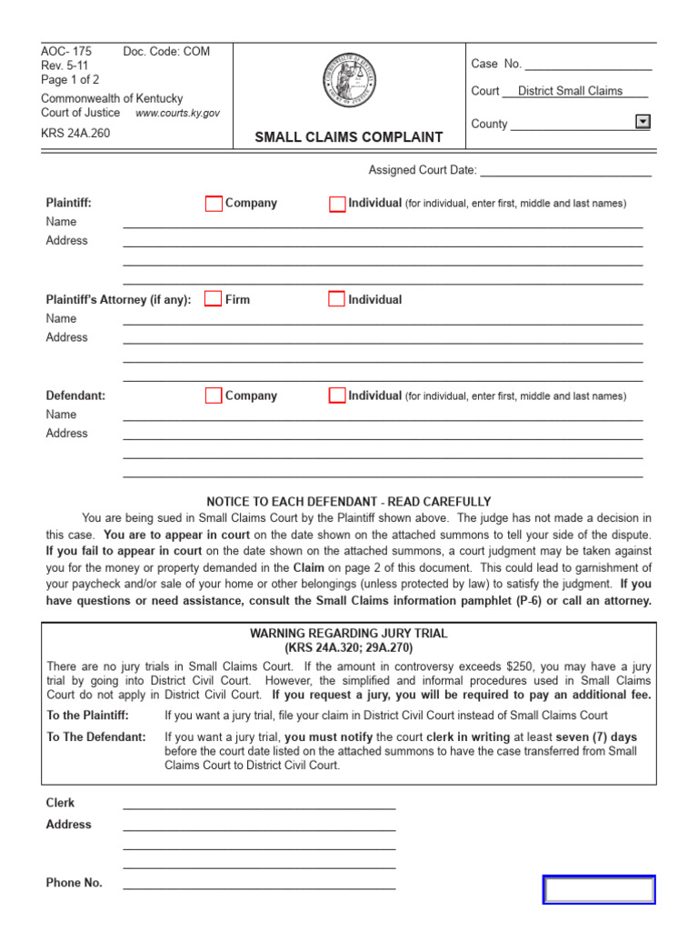 Small Claims Complaint: Rowan | PDF | Affidavit | Complaint
