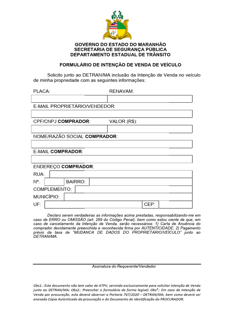 Formulário de Intenção de Venda DETRAN/MA | PDF
