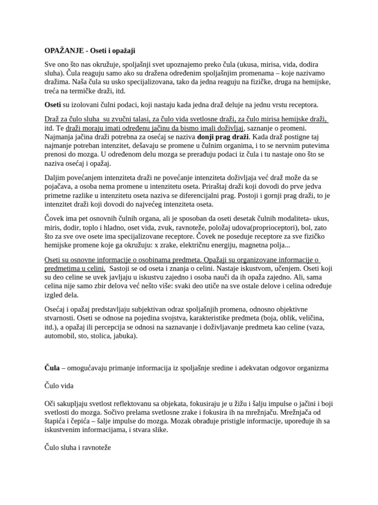 OPAŽANJE - Oseti I Opažaji | PDF