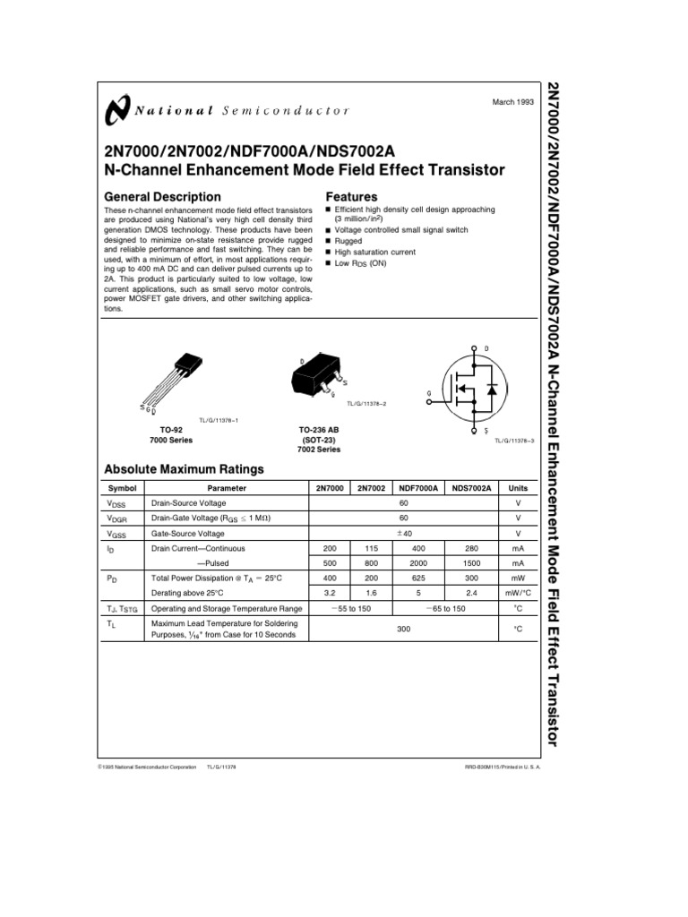 2n7000 2n7002 Ndf7000a Nds7002a National | PDF | Field Effect ...