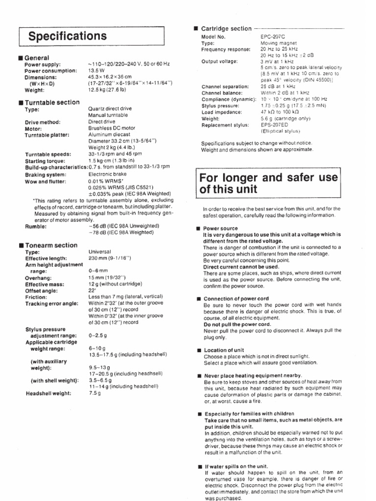 Technics-SL1200MK2-turntable-Data-Sheet | PDF