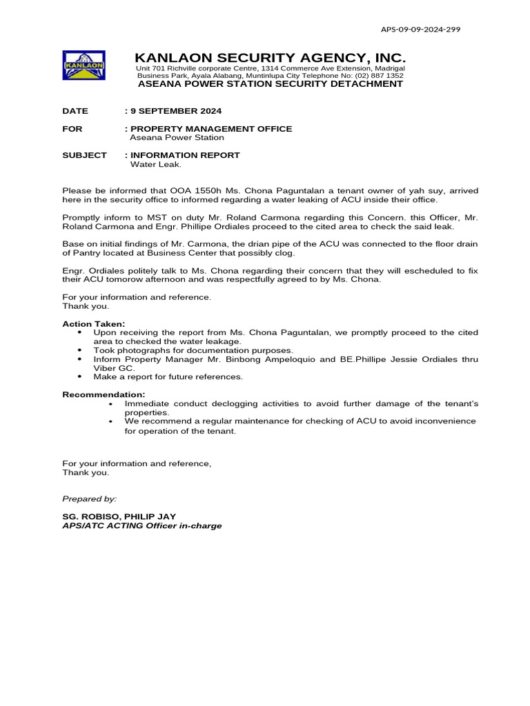 Information Report - Water Leak - APS-09!9!2024-299 | PDF