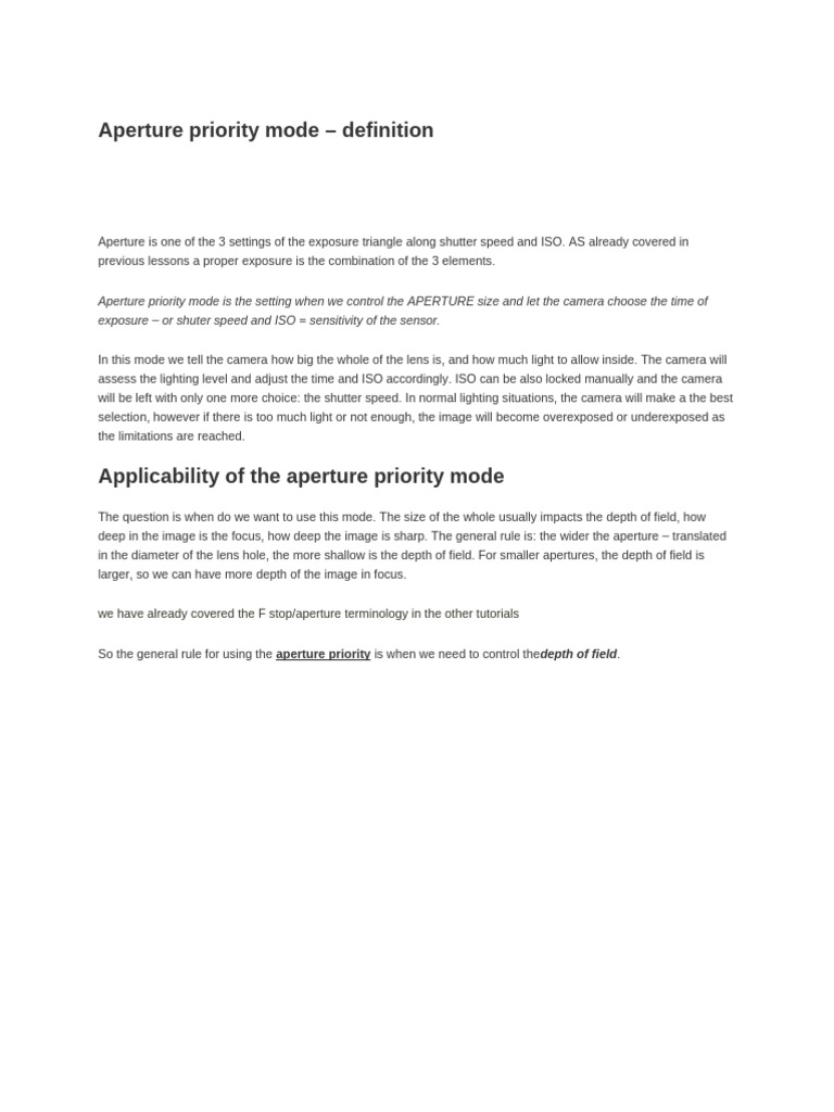 Lesson 6 Aperture priority mode | PDF | Exposure (Photography) | Aperture