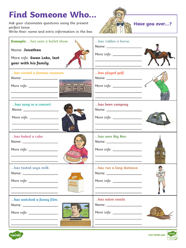 t2 Esl 001 Tefl Esl Present Perfect Find Someone Who Speaking Activity ...