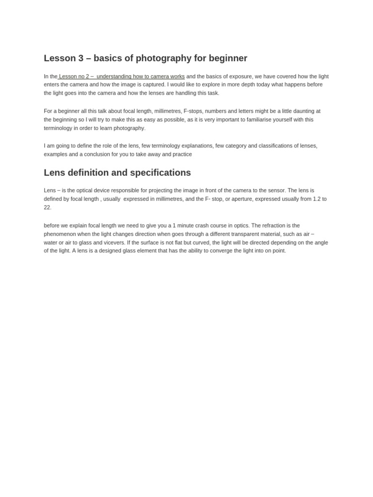 Lesson 3 Lenses, focal lenght, Fstop | PDF | Camera Lens | Aperture