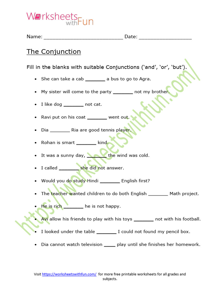 Conjunction Fill-in-the-Blank Worksheet | PDF