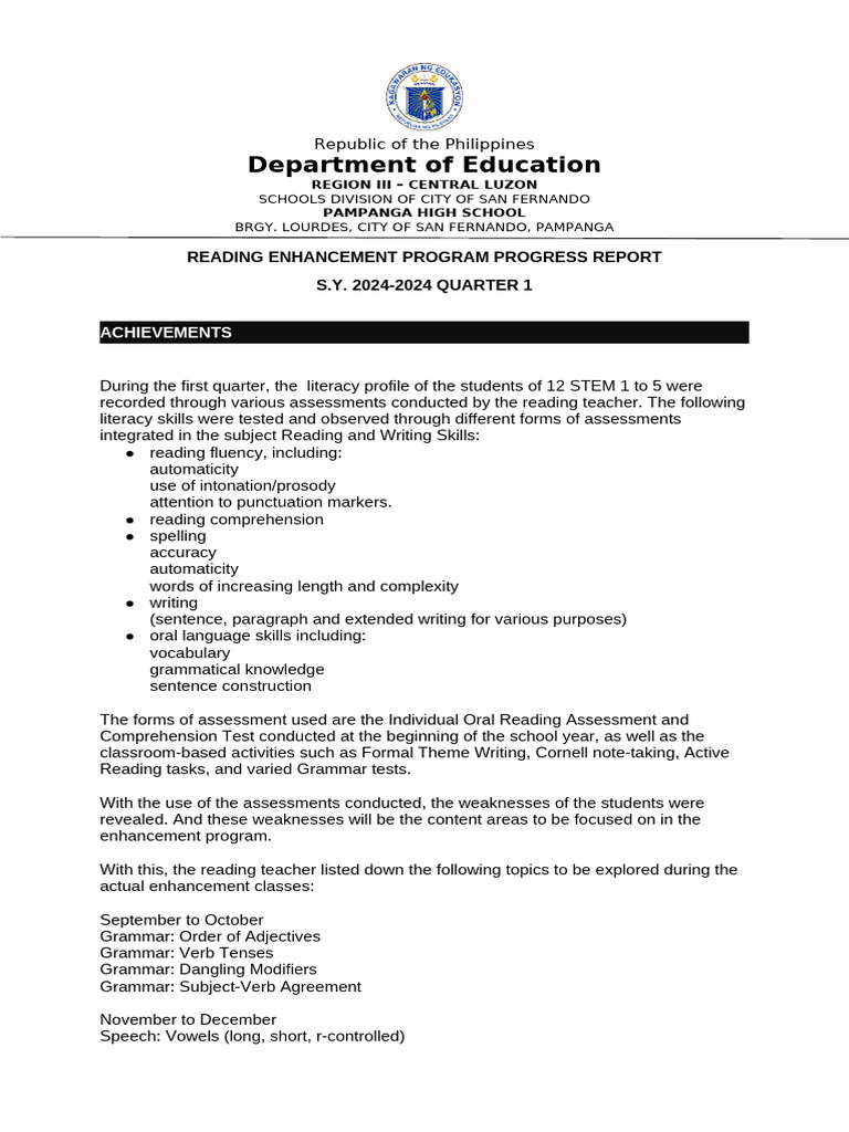Enhancement Program Progress Report | PDF | Reading Comprehension | Speech