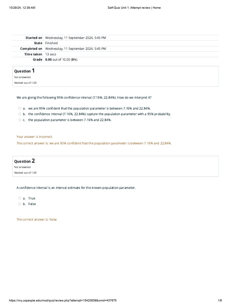 Self-Quiz Unit 1 - Attempt Review - Home | PDF | Confidence Interval | Statistics