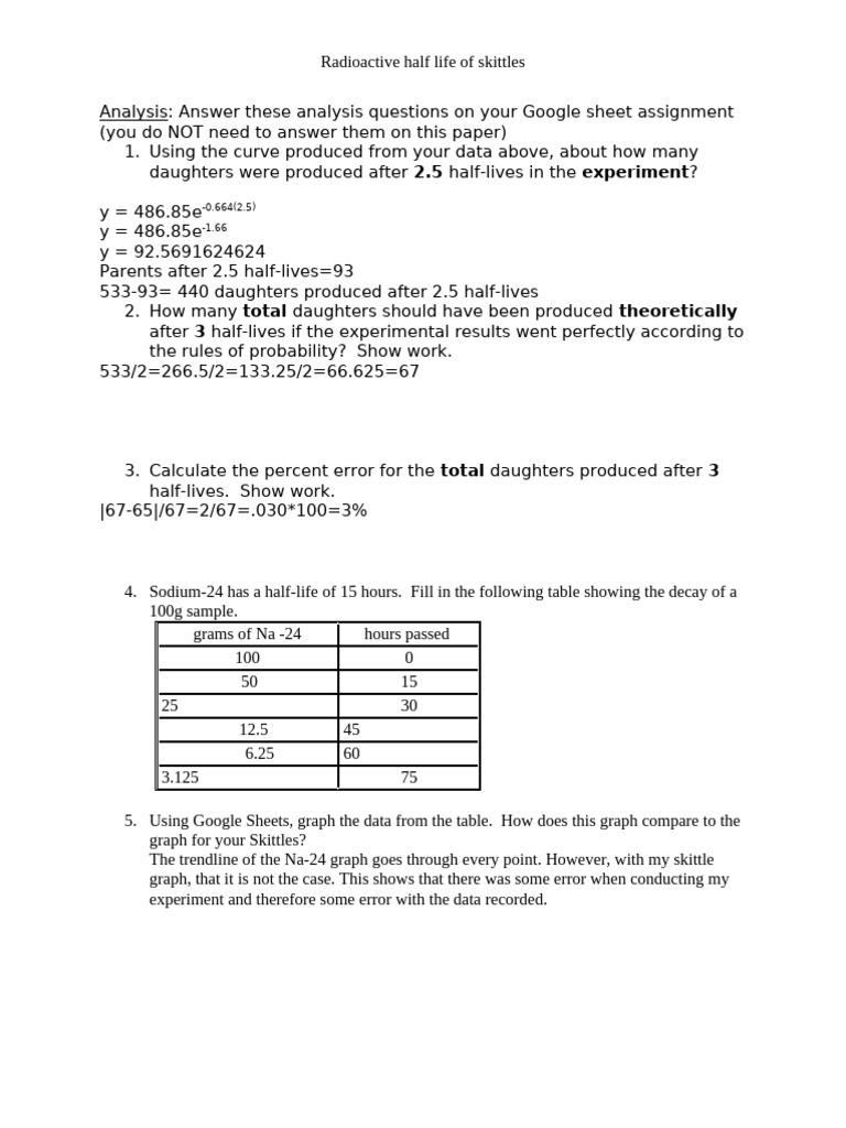Radioactive Half Life of Skittles Analysis Honors | PDF | Radioactive ...