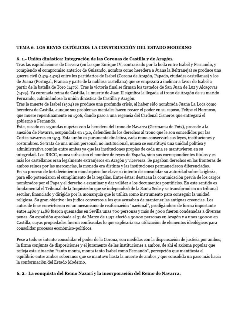 Tema 6 - Los Reyes Católicos - La Construcción Del Estado Moderno | PDF | Inquisición española