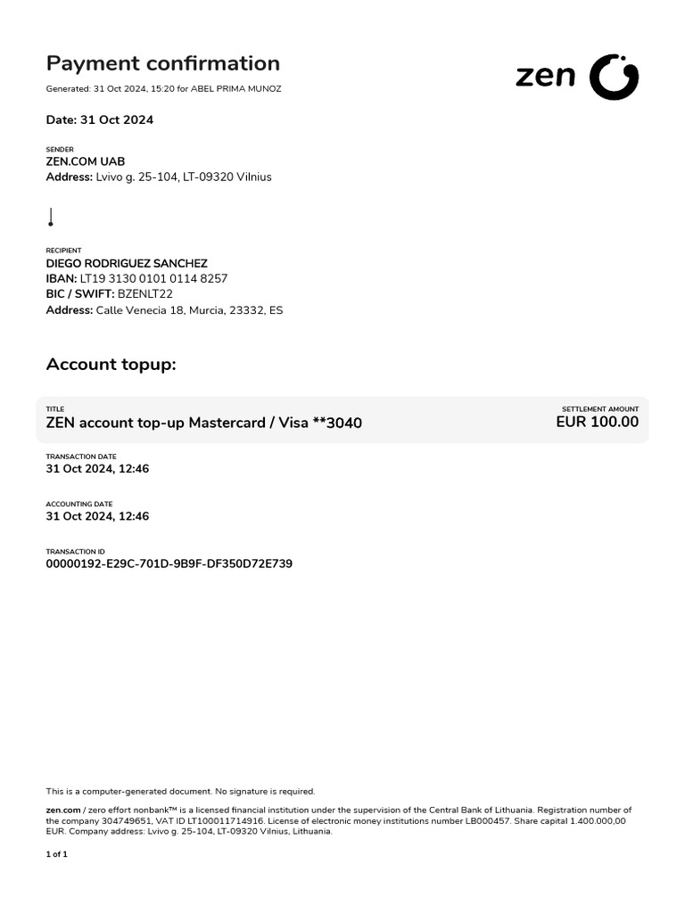 Payment Confirmation: Account Topup | PDF
