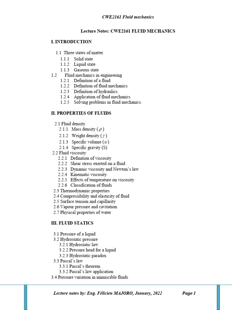 Notes Cwe2161 Fluid Mechanics | PDF | Pressure | Viscosity