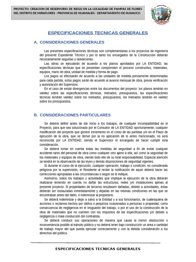 Especificaciones para Reservorio de Riego | PDF | Presupuesto ...