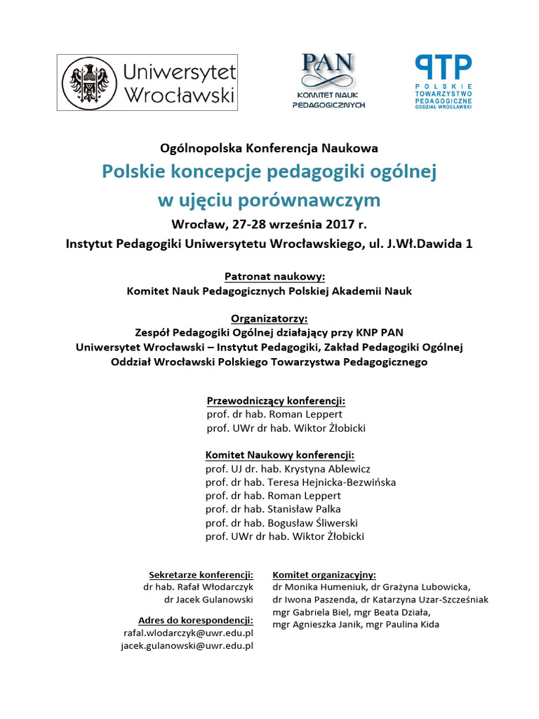 Komunikat I - Polskie Koncepcje Pedagogiki Ogolnej 2017 | PDF