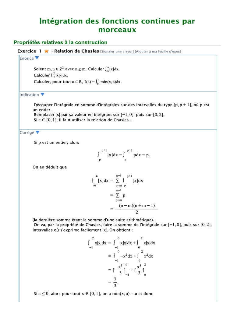BIBMATH INTEGRALES Intégration Des Fonctions Continues Par Morceaux | PDF