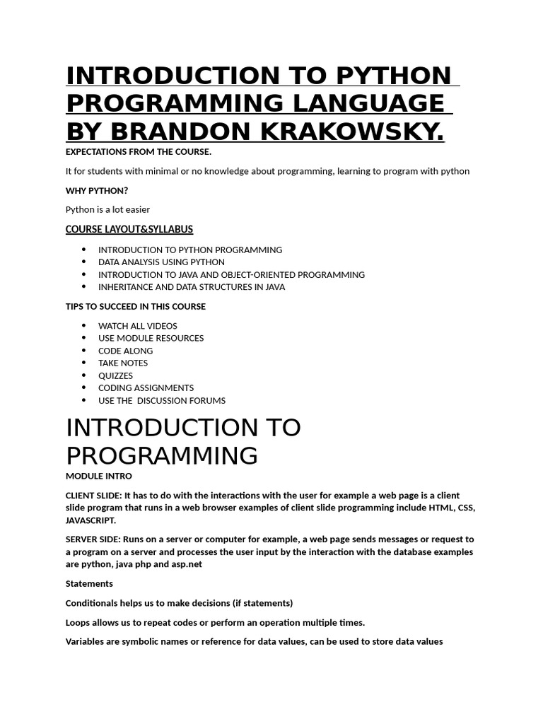 Introduction To Python Programming Language By Brandon Krakowsky Pdf Python Programming