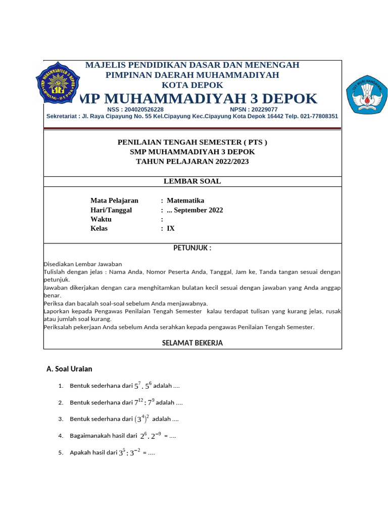 PTS SMT Ganjil MTK KLS 9 2022 - 2023 | PDF