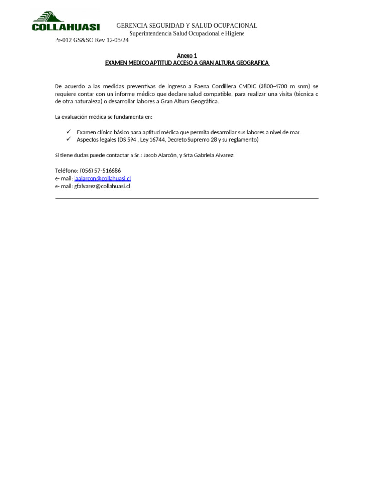 PR 012 GSSO Protocolo Examen Médico Aptitud Visita o Trabajo A Gran ...