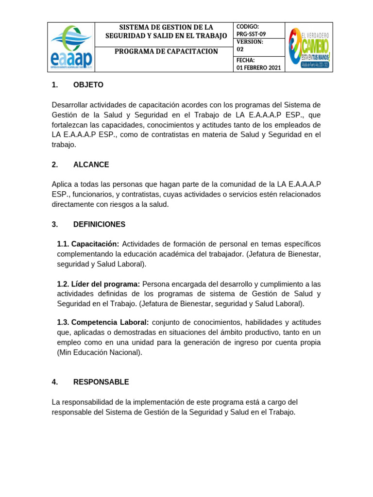 PRG-SST-009 Programa de Capacitación | PDF | Creación de capacidad