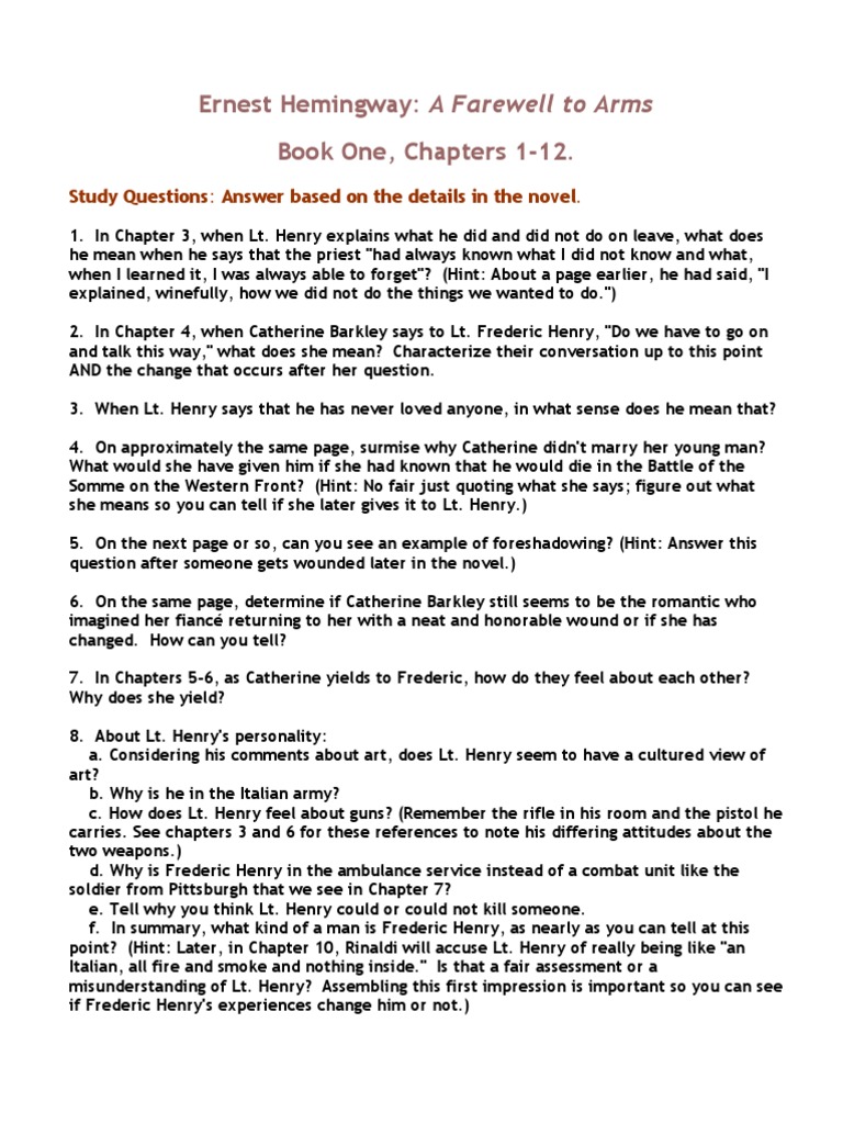 Hemingway Farewell To Arms Study Guide | PDF | Unrest | Armed Conflict