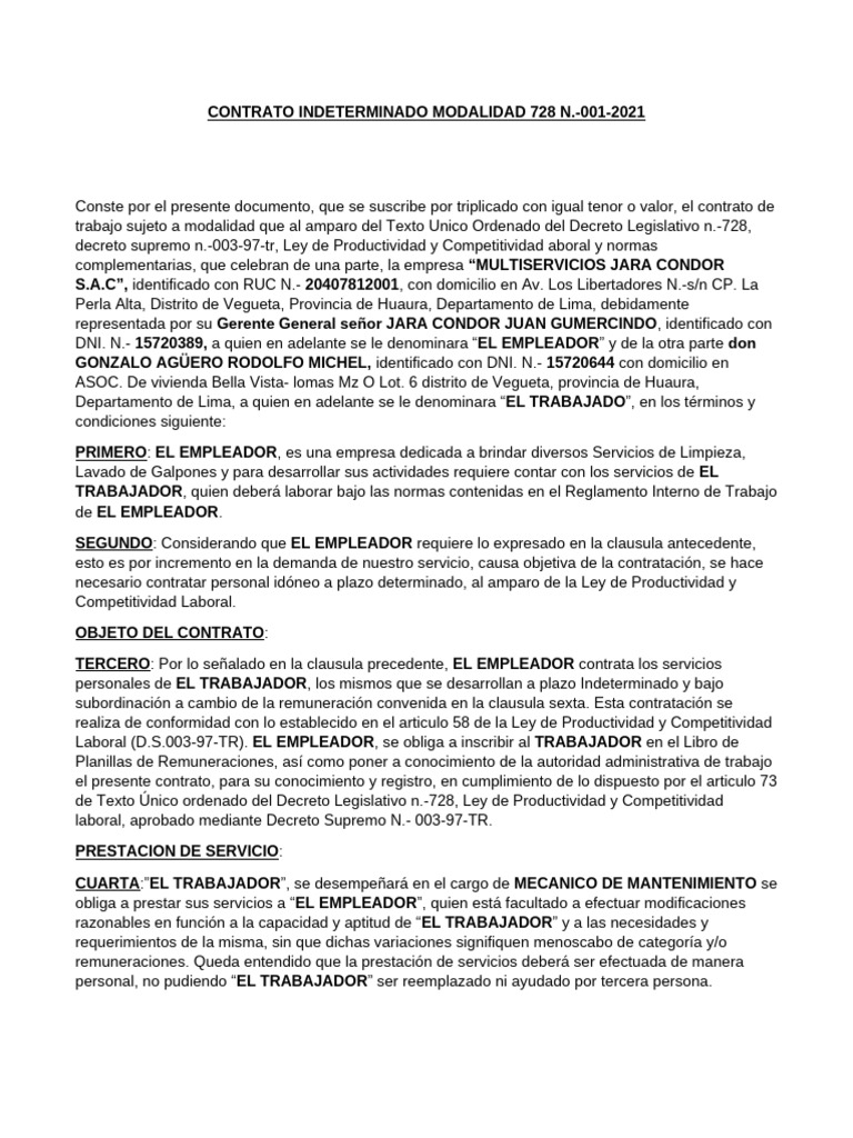 Contrato Indeterminado Ley 728 | PDF | Derecho laboral | Business