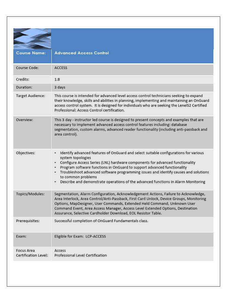 Advanced Access Control Course Overview | PDF