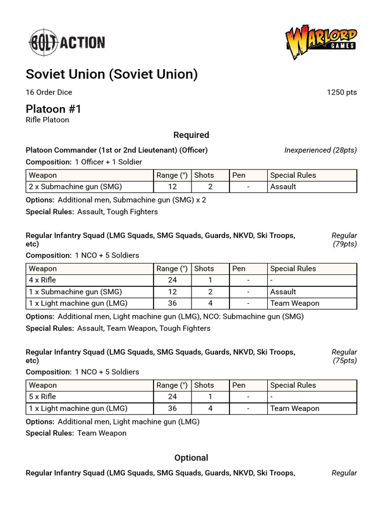 Soviet Union 1250 pts Army List | PDF | Platoon | Armoured Fighting ...