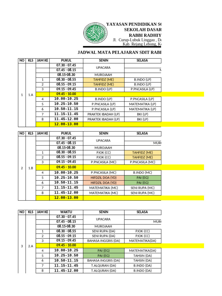 Jadwal Mapel RR3 2024 2025 1 | PDF