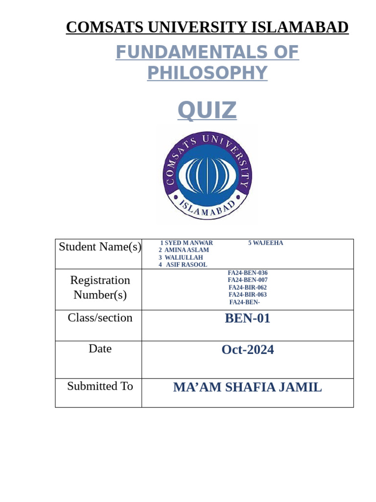 COMSATS Philosophy Quiz Overview | PDF | Aristotle | Reason