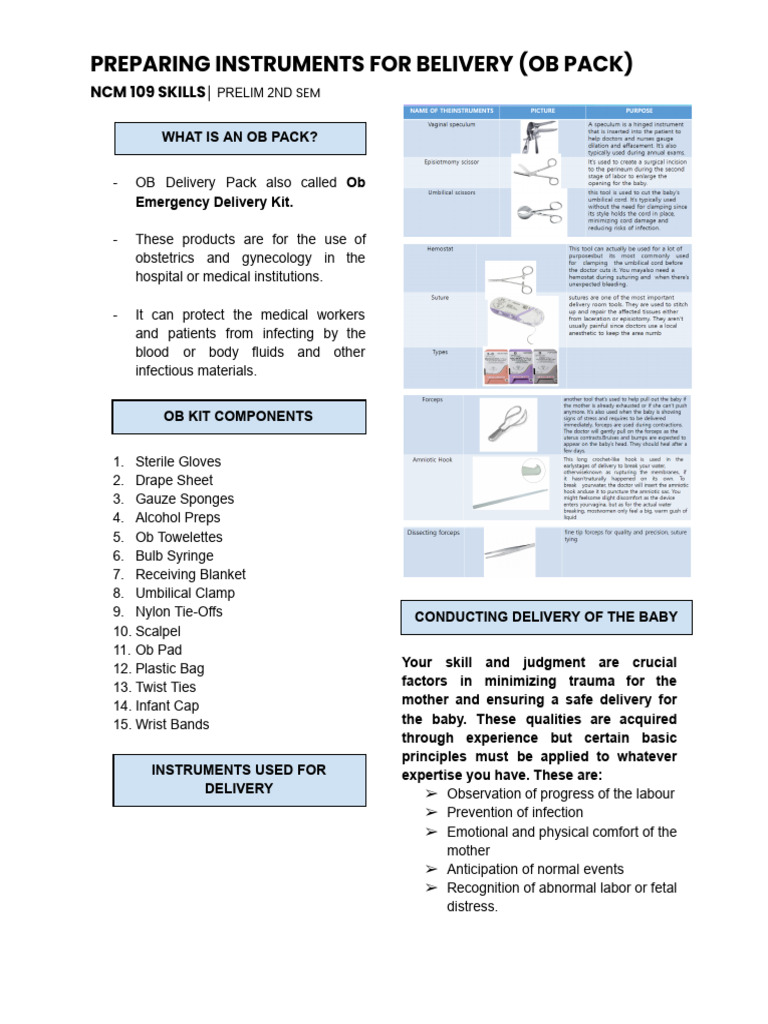 Preparing Instruments For Belivery Ob Pack | PDF | Childbirth | Infants