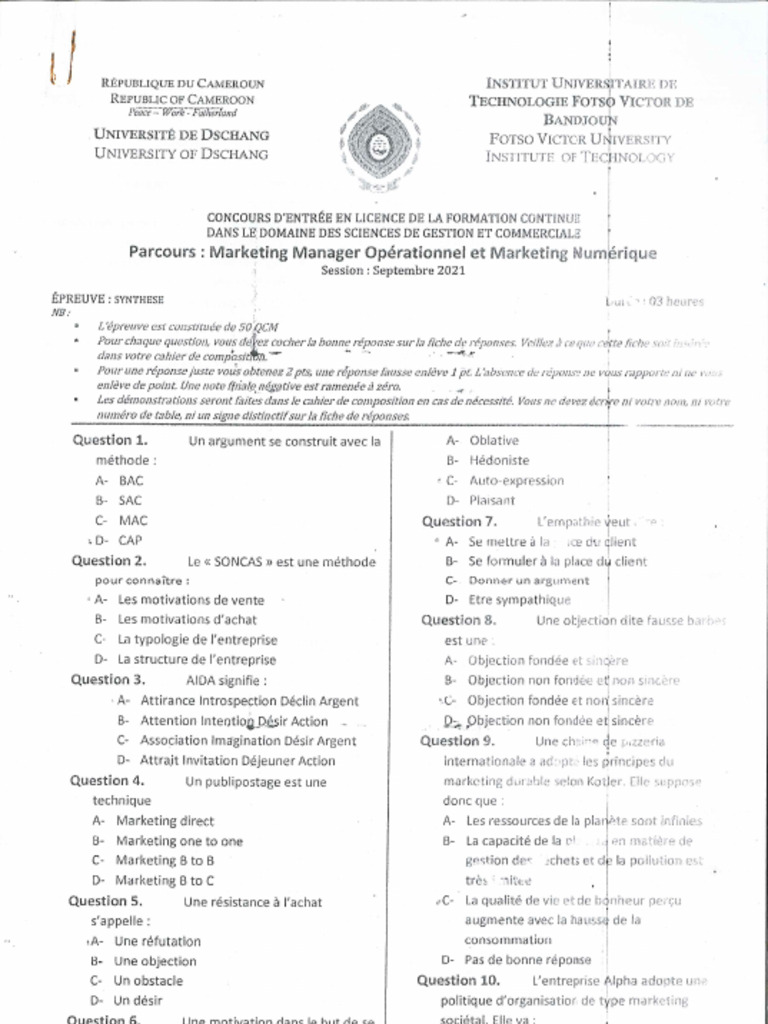 Anciennes Epreuves Concours Licence IUT-FV | PDF Anciennes Epreuves Concours Licence IUT-FV | PDF